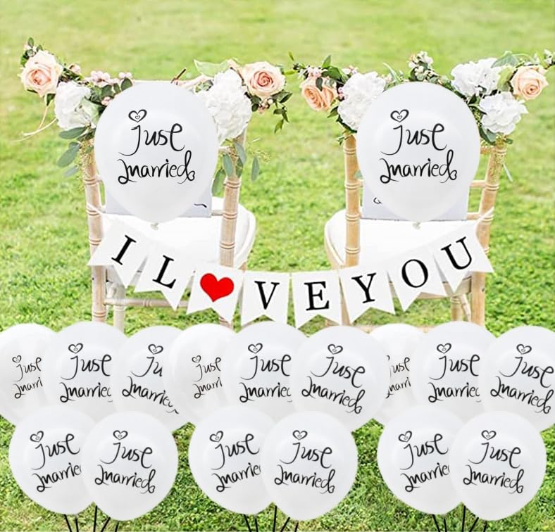 100Pcs Wedding Balloons, 100 Pieces 12 Inch White Just Married Thickened Latex Balloons for for Wedding Marriage Proposal Bachelorette Party Decoration Bridal Shower Engagement Valentines Anniversary