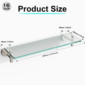 KOCOK Glass Shelves for Bathroom,15.8-Inch Brushed Nickel Floating Glass Bathroom Shelf Stainless Steel Tempered Glass Shelf Modern Wall Mount Accessories