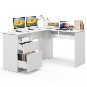 goflame l-shaped desk, 59" corner computer desk with file drawer & open shelf, large workstation w/ 2 cable management holes, writing study desk for home office, white