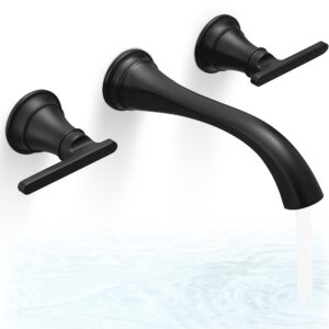 hoigy brass tub filler wall mount 3 hole, farmhouse black tub faucet, high pressure 2 handle matte black bathtub faucet set with long spout reach, rough-in valve