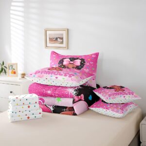 Cartoon Black Girls 7Pcs Comforter Set King Size,Pink Glitter Bow Love Heart Stars Print Bedding Set Kids Teens Woman Room Decor,Kawaii African Theme Child Fitted Flat Sheet Lovely 2 Pillow Cover