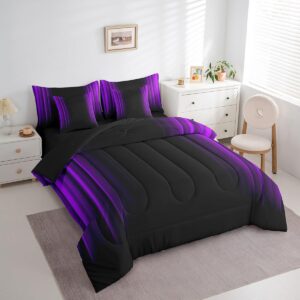 Feelyou Geometric Abstract Ombre Comforter Set with Sheets Kids Teens Purple and Black Striped Bedding Bed Set Decor Modern Fashion Bed in a Bag Bedroom Collection Twin Size