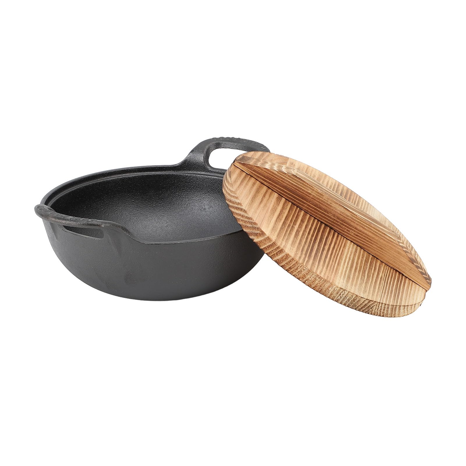 Cast Iron Wok with 2 Handle and Wooden Lid, Seasoned Cast Iron Wok Chinese Wok, Deep Frying Pan with Flat Base Uncoated for Stir Fry Grill Steam Authentic Asian Chinese Food (20cm)