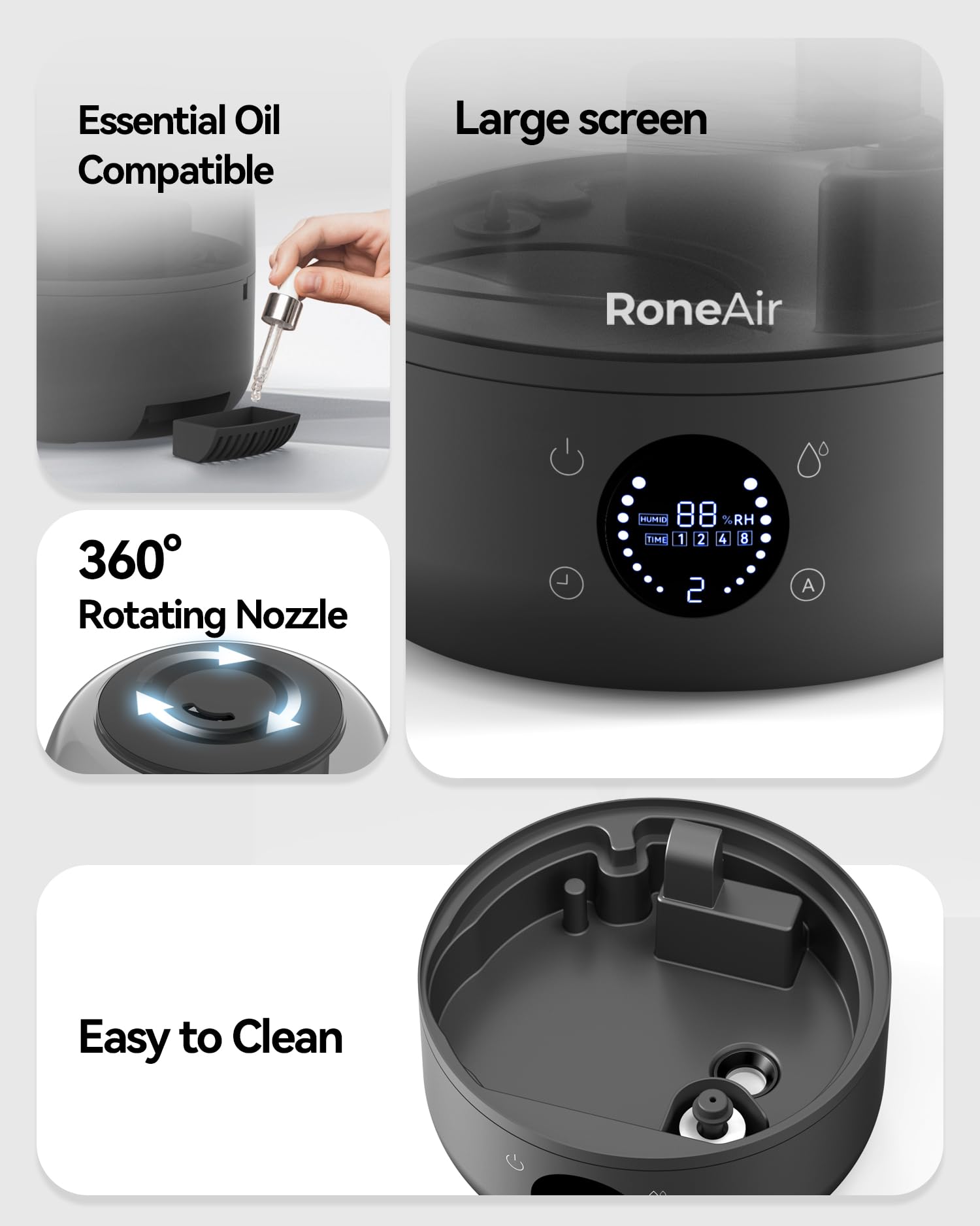 RoneAir Humidifiers for Bedroom Large Room Home, 3L Cool Mist Humidifiers for Baby Nursery & Plants, Ultrasonic, Smart Auto Humidification, Oil Diffuser, Timer, Auto Shut-Off, 360° Nozzle, 26dB Quiet