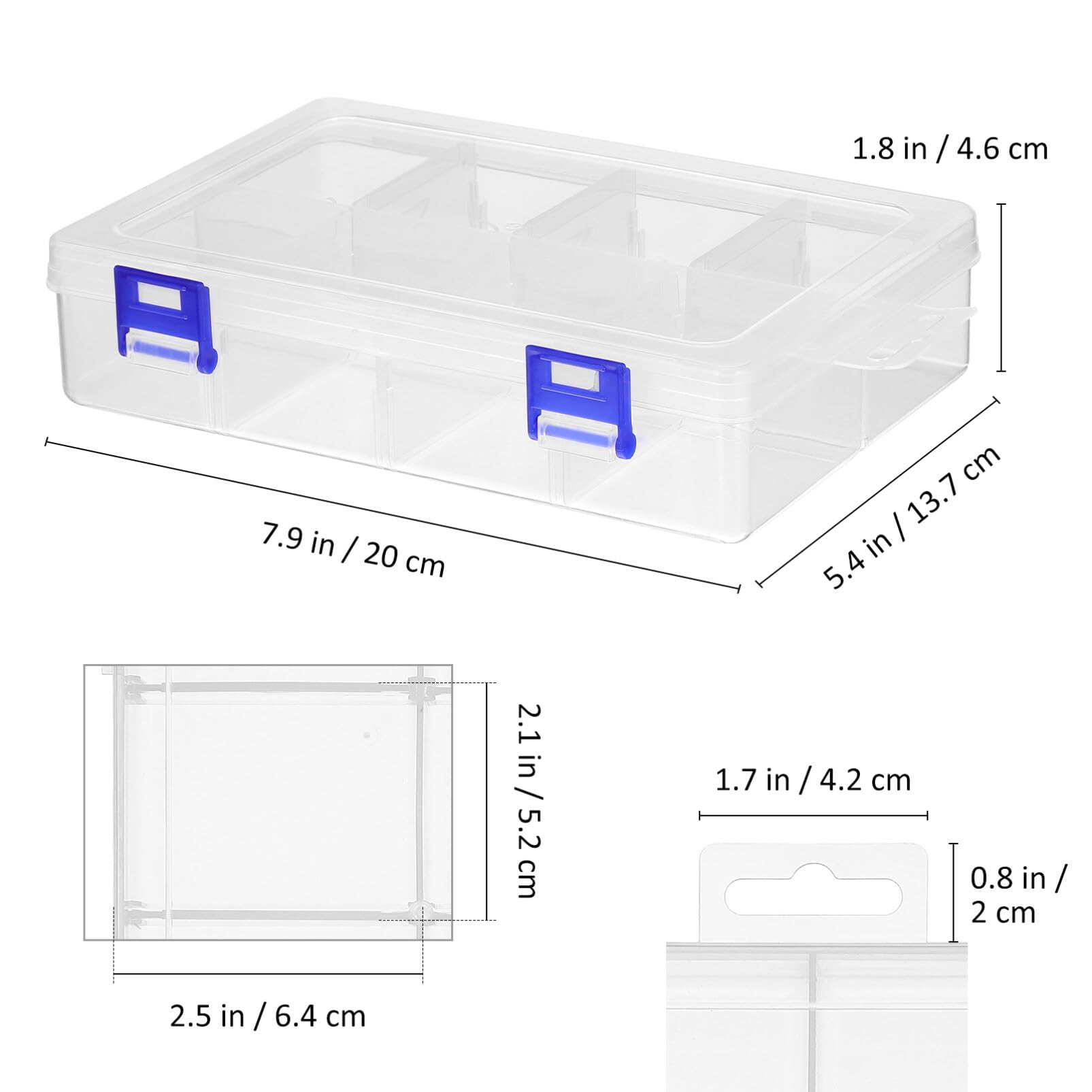 Kichvoe Plastic Organizer Box with Dividers: Clear Organizer Box Reusable Snack Box Containers with 8 Adjustable Compartments For Jewelry Crafts Meal Prep Picnic, 7.66x5.23x1.73 inch