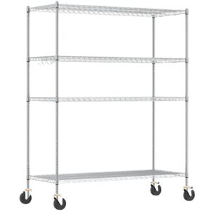 Leteuke Wire Shelving Unit with Wheels, NSF Certified 4 Tier Adjustable Storage Shelves 60"×24"×72", 2400LBS Heavy Duty Shelving Commercial Grade Metal Storage Utility Rack for Kitchen Garage, Chrome