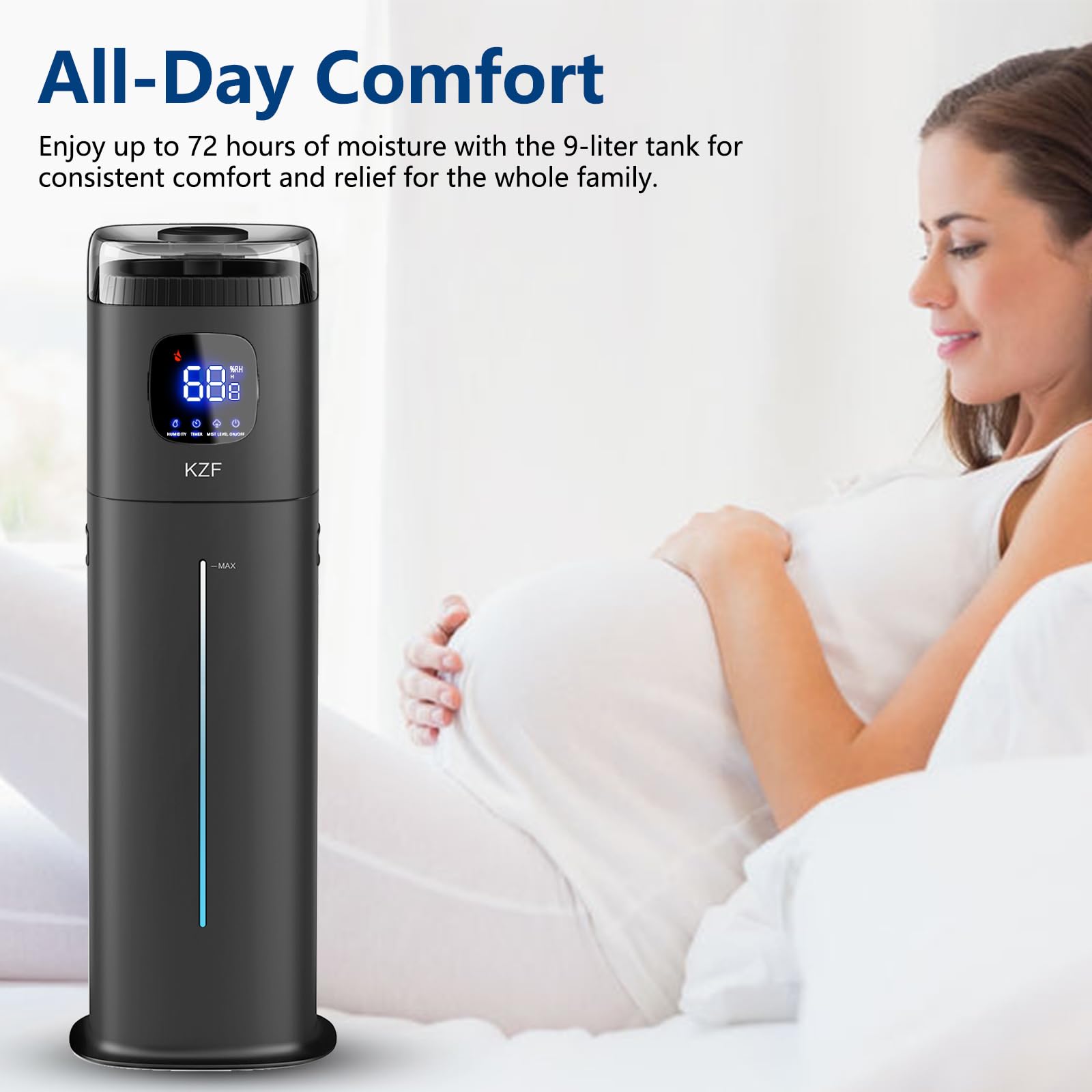 9L/2.5Gal Humidifier for Large Room Bedroom, KZF Ultrasonic Cool Mist Humidifier with Humidistat, 360°Nozzle, Last 72 Hours Suitable for Baby Home Indoor Plant (Black)