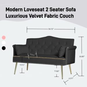 Small Velvet Loveseat Sofa with Gold Metal Legs,55-inch Modern Sofa Couch with 2 Side Pockets,Couch with Tufted Backrest for Living Room Bedroom Office (Black)