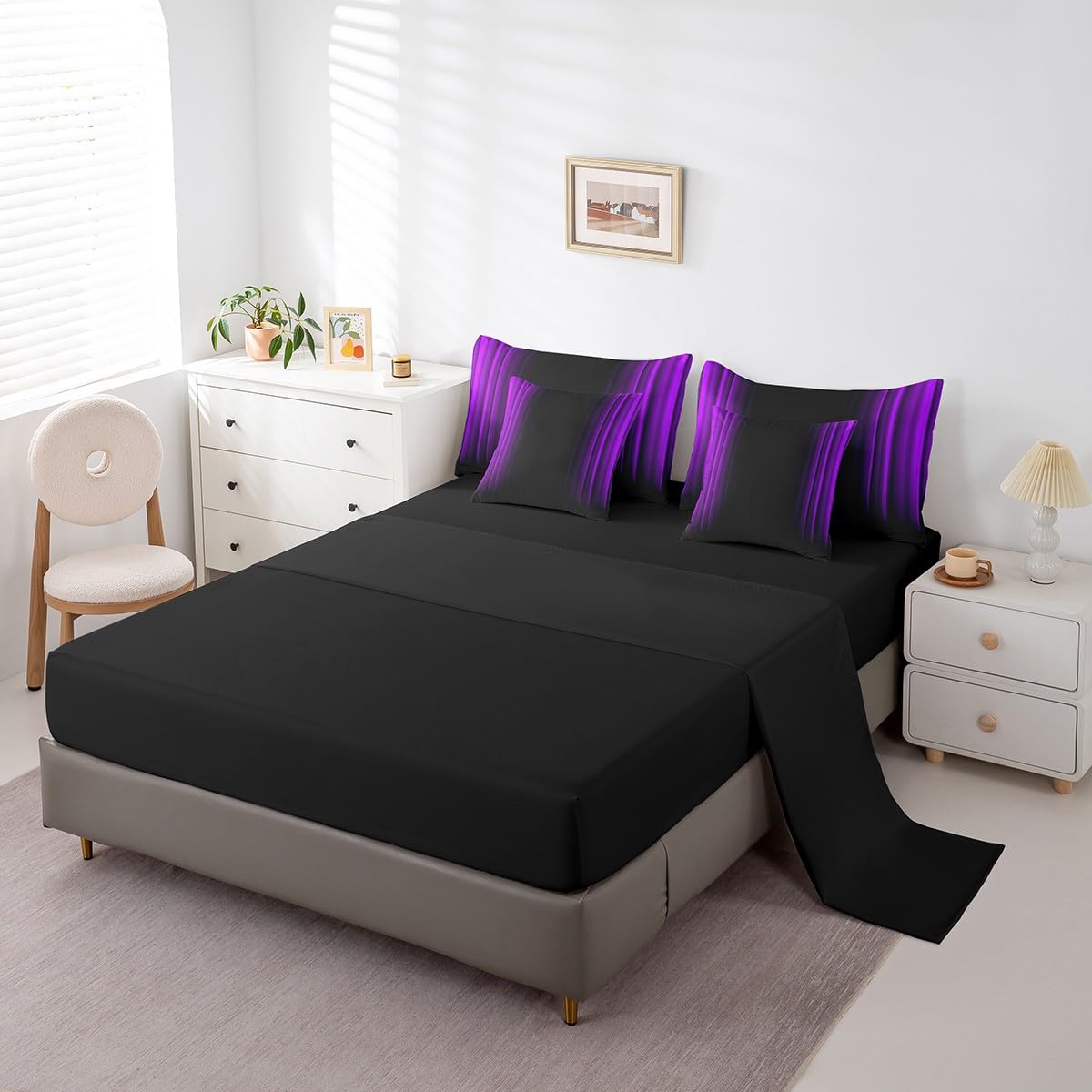 Feelyou Geometric Abstract Ombre Comforter Set with Sheets Kids Teens Purple and Black Striped Bedding Bed Set Decor Modern Fashion Bed in a Bag Bedroom Collection Twin Size