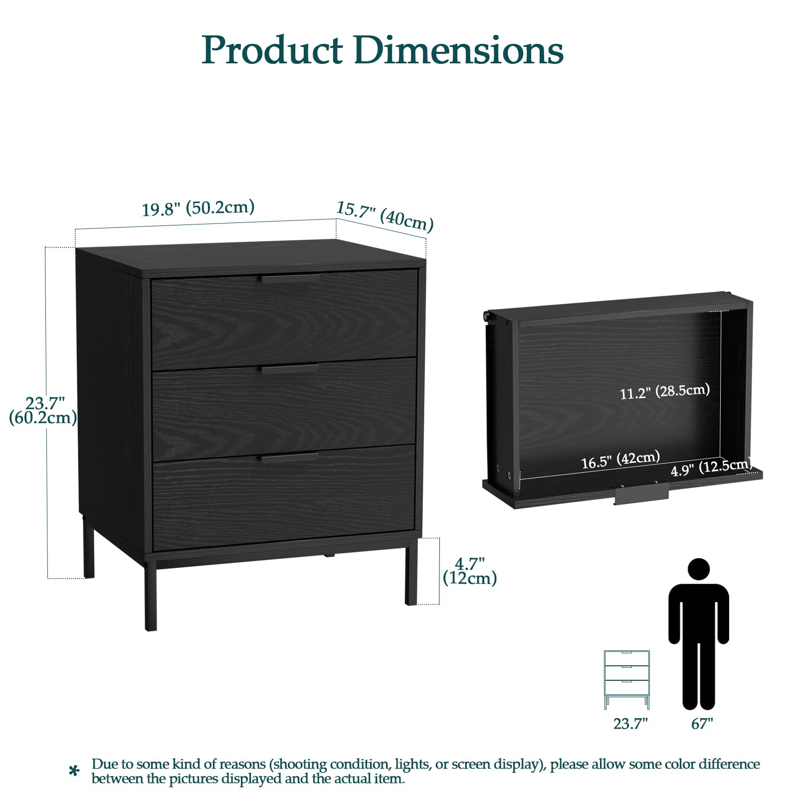 Anmytek Nightstand with 3 Drawers, Modern Wood Night Stand for Bedroom with Storage Drawers, Black Bedside Table Sofa End Side Table for Dorm Small Spaces, 15.7”D x 19.8”W x 23.7”H