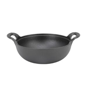 Cast Iron Wok with 2 Handle and Wooden Lid, Seasoned Cast Iron Wok Chinese Wok, Deep Frying Pan with Flat Base Uncoated for Stir Fry Grill Steam Authentic Asian Chinese Food (20cm)