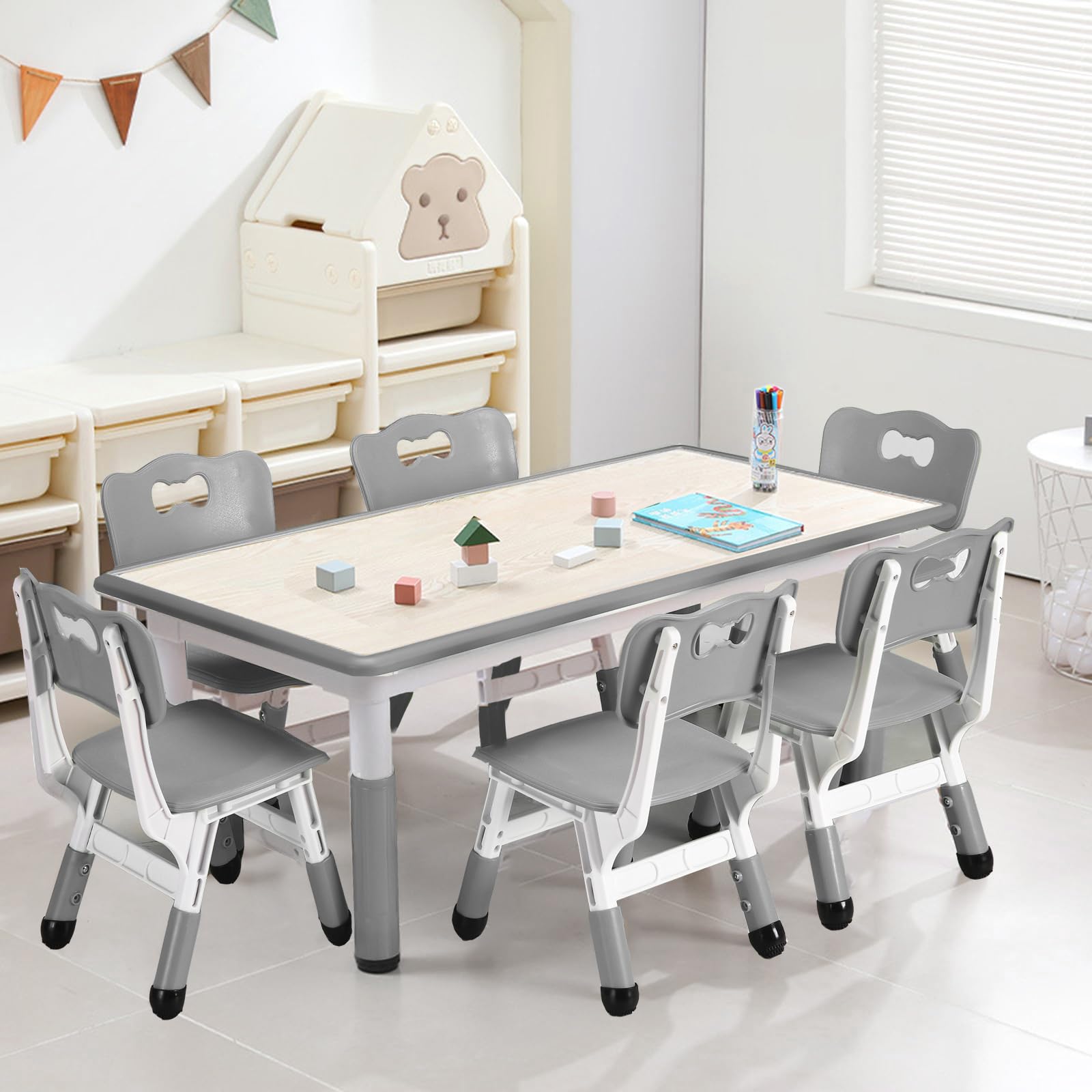 GarveeHome Kids Table and 6 Chair Set - Height Adjustable, Multifunctional Desk, Ergonomically Designed Chairs, Max 300lbs, for Ages 2-10, Classroom, Daycares, Home