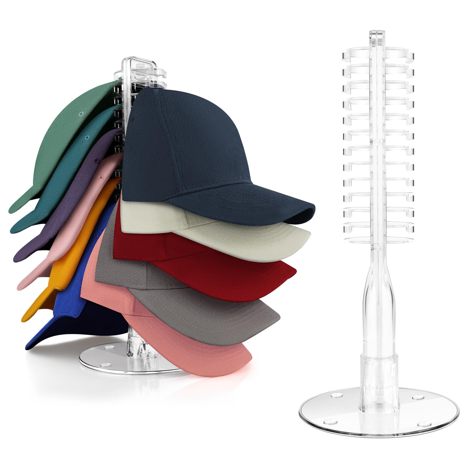 ZDDGNN Hat Stand for Baseball Caps，Hat Holder Organizer No Install Acrylic Hat Racks Display Storage for 24 Baseball Caps,Rotatable Cap Organizer Hat Racks for Bedroom, Closet, Dresser, Clear