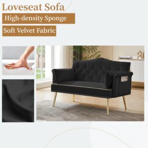 Small Velvet Loveseat Sofa with Gold Metal Legs,55-inch Modern Sofa Couch with 2 Side Pockets,Couch with Tufted Backrest for Living Room Bedroom Office (Black)