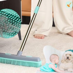 Conliwell Rubber Broom Carpet Rake for Pet Hair, Fur Remover Broom with Squeegee, Portable Detailing Lint Remover Brush (Stainless Steel Handle)