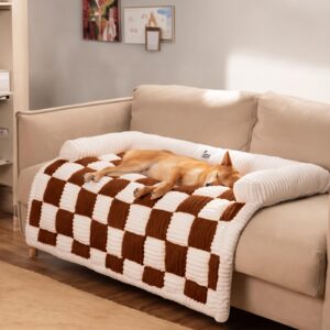 funny fuzzy couch cover for dogs, large dog couch cover bed cream square plaid washable pet mat for furniture protector sofa cover for home and car, x-large, brown