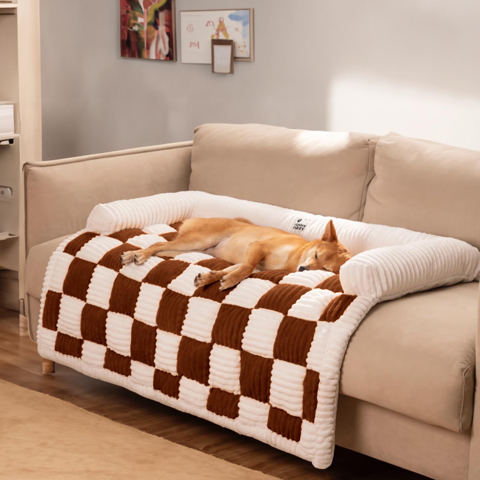 FUNNY FUZZY Couch Cover for Dogs, Large Dog Couch Cover Bed Cream Square Plaid Washable Pet Mat for Furniture Protector Sofa Cover for Home and Car, X-Large, Brown