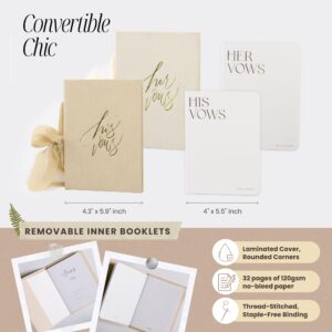 Vow Books His and Hers w/Ribbon- Hardcover Premium Velvet Linen - Wedding Vow Books w/Gold Foil Lettering Embossed - Neutral Convertible Vow Books for Wedding - Keepsake Gifts for Couples (Set of 2)