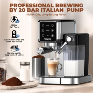 TENKER Espresso Machine 20 Bar, Cappuccino Machine with Automatic Milk Frother, Latte Machine in Stainless Steel Design, 1350W Touchscreen Coffee Maker for Home and Office (Silver)