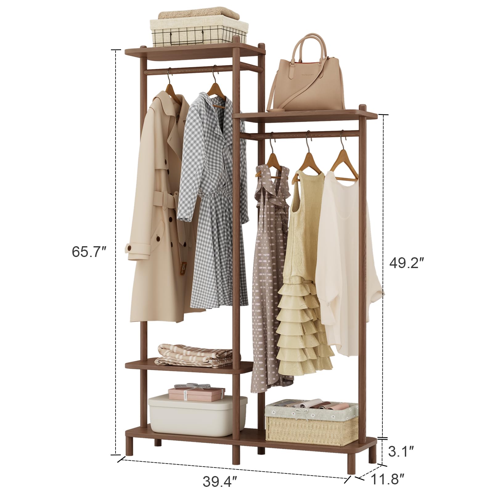 KASLANDI Solid Wood Clothes Rack,Garment Rack for Hanging Clothes,Walnut Clothing Rack with Shelves,Portable Clothes Rack,Double Clothing Rack, Freestanding Clothing Rack for Entryway and Bed Room