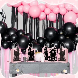 Frienda 16 Pcs Pink and Black Halloween Party Favor Bags with Handle Pink Halloween Treat Bags Paper Gift Goodie Bags for Kids Birthday Baby Shower Party Supplies (Spooky House)