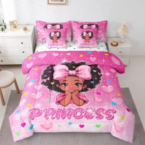 Cartoon Black Girls 7Pcs Comforter Set King Size,Pink Glitter Bow Love Heart Stars Print Bedding Set Kids Teens Woman Room Decor,Kawaii African Theme Child Fitted Flat Sheet Lovely 2 Pillow Cover