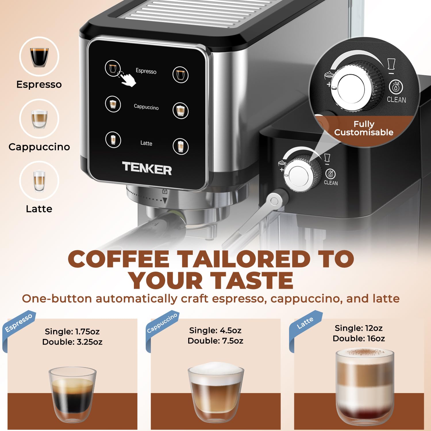 TENKER Espresso Machine 20 Bar, Cappuccino Machine with Automatic Milk Frother, Latte Machine in Stainless Steel Design, 1350W Touchscreen Coffee Maker for Home and Office (Silver)