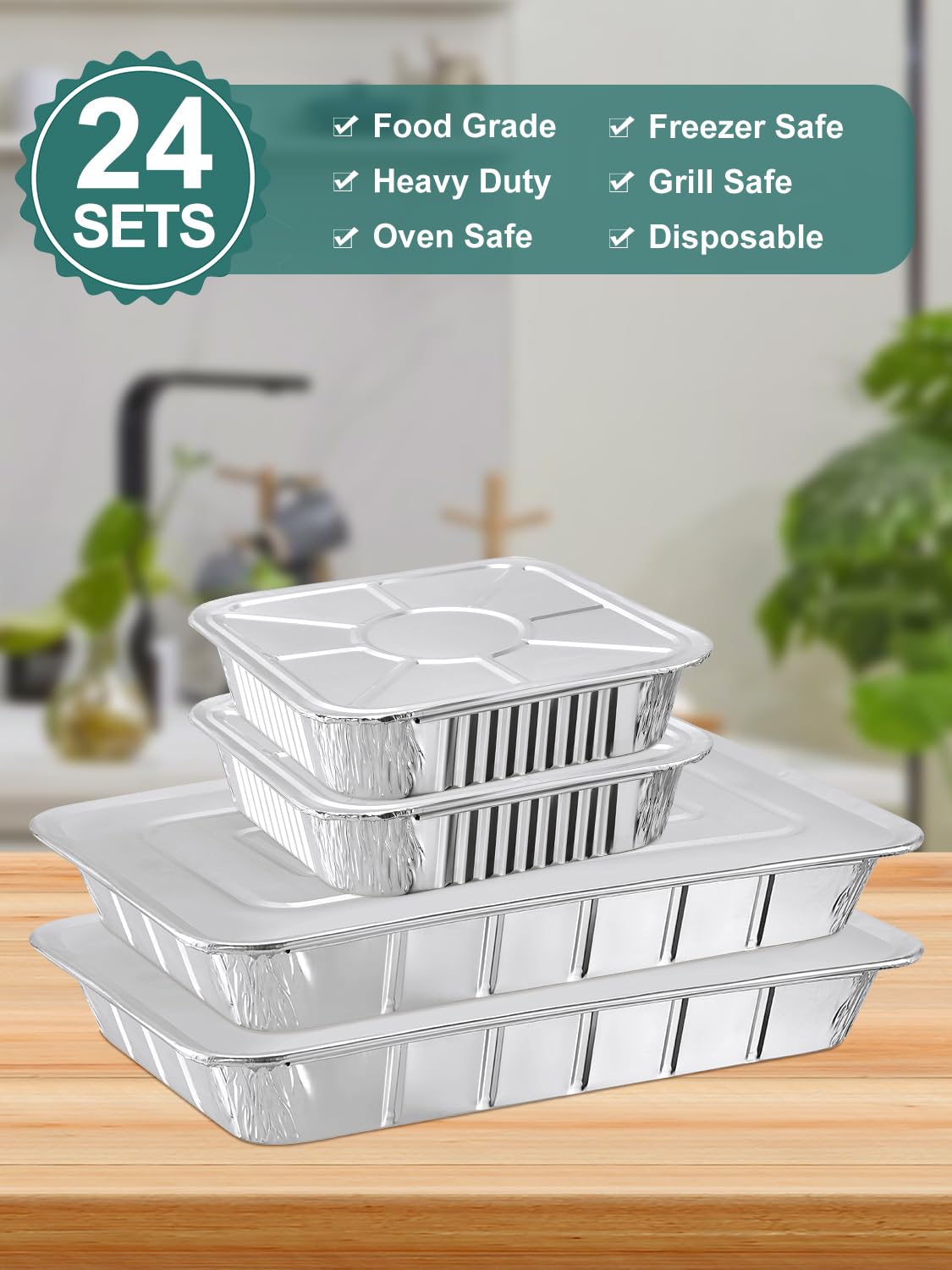 NEEBAKE 24 Pack Disposable Aluminum Pans with Lids Combo Set- 12 Large 9x13 Foil Pans Half Size & 12 Small 8x8 Tin Foil Baking Pans, Tin Trays Containers for Meal Prep, Food Cooking, Roasting, Heating