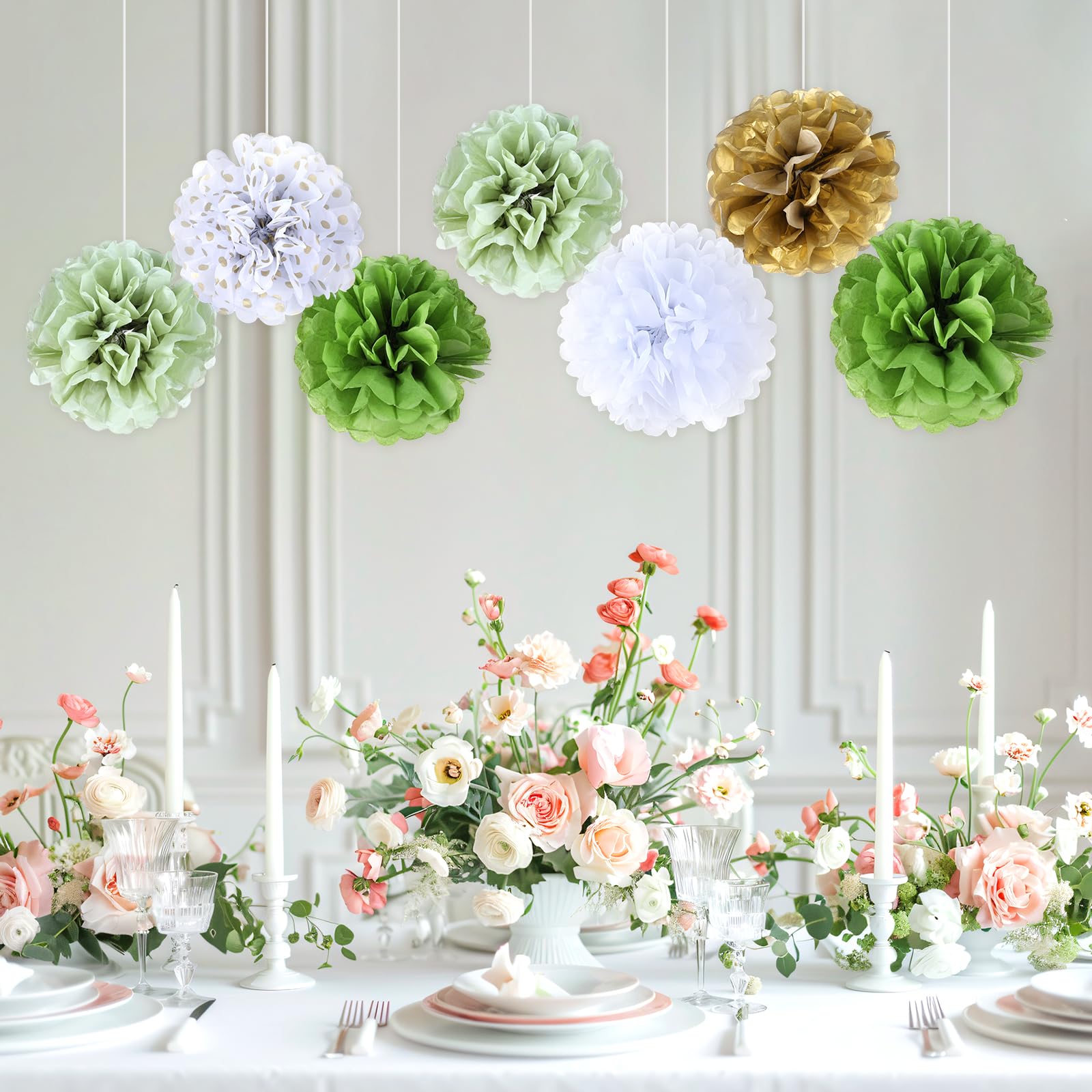 12 Pcs Pom Poms Party Decorations Olive Sage Green Tissue Paper White Gold Flowers Wall Hanging Paper Flowers Dot Tissue Paper Decor Baby Bridal Shower Birthday Wedding Party Decorations