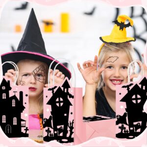 Frienda 16 Pcs Pink and Black Halloween Party Favor Bags with Handle Pink Halloween Treat Bags Paper Gift Goodie Bags for Kids Birthday Baby Shower Party Supplies (Spooky House)