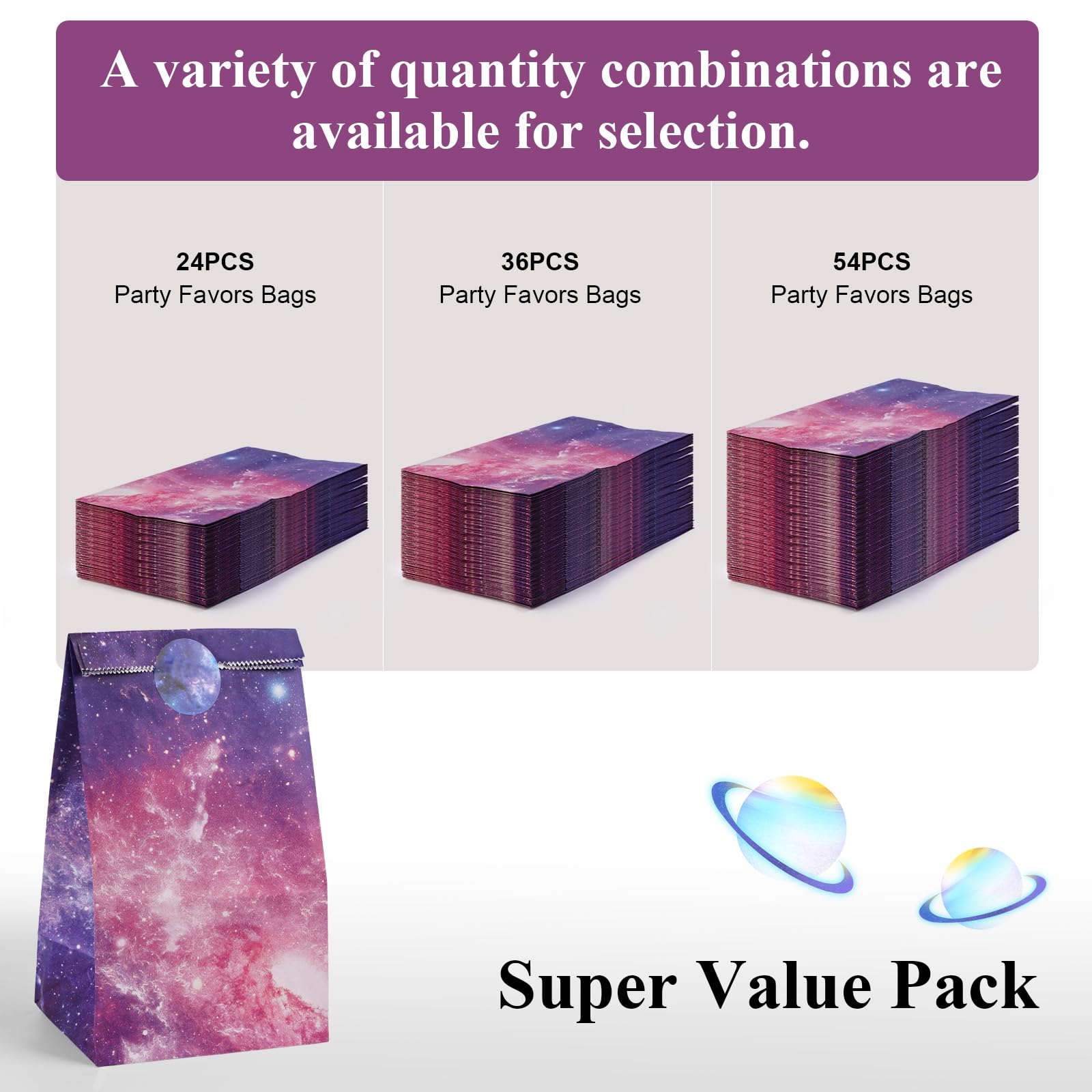 LovesTown 24PCS Party Favor Bags, Space Galaxy Print Candy Paper Bags with Stickers Goodie Treat Bags for Kids Birthday Space Galaxy Party Supplies