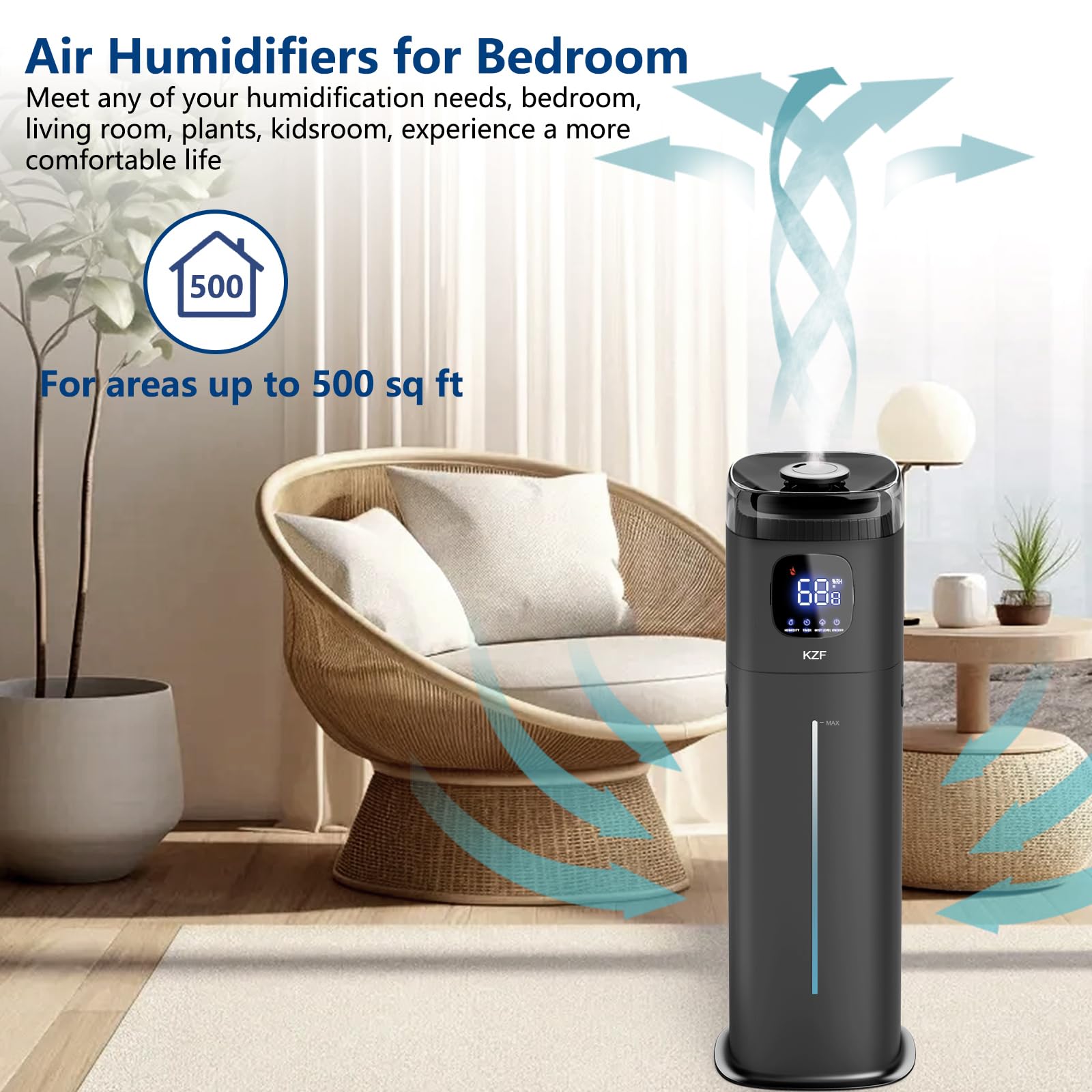 9L/2.5Gal Humidifier for Large Room Bedroom, KZF Ultrasonic Cool Mist Humidifier with Humidistat, 360°Nozzle, Last 72 Hours Suitable for Baby Home Indoor Plant (Black)