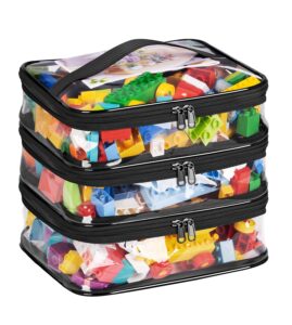 misslo 3-layer storage organizer with 3 manual pockets clear storage bag for puzzles, bricks, building blocks, crafts (black)