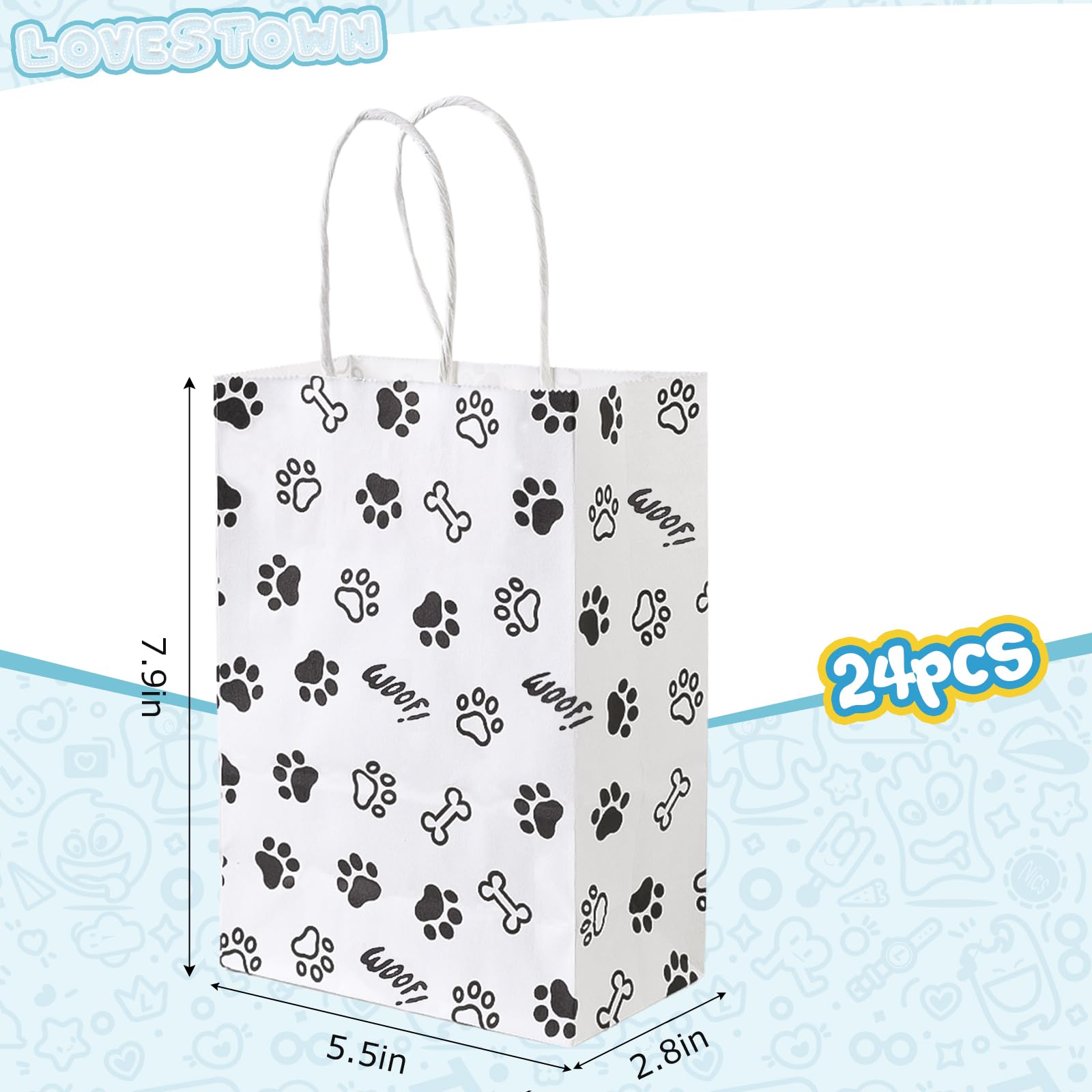 LovesTown 24PCS Candy Bags, Animal Party Favor Paw Prints Gift Bags with Handles Paper Retail Grocery Bags for Dog Pet Themed Party 5.5 x 2.8 x 7.9 inch