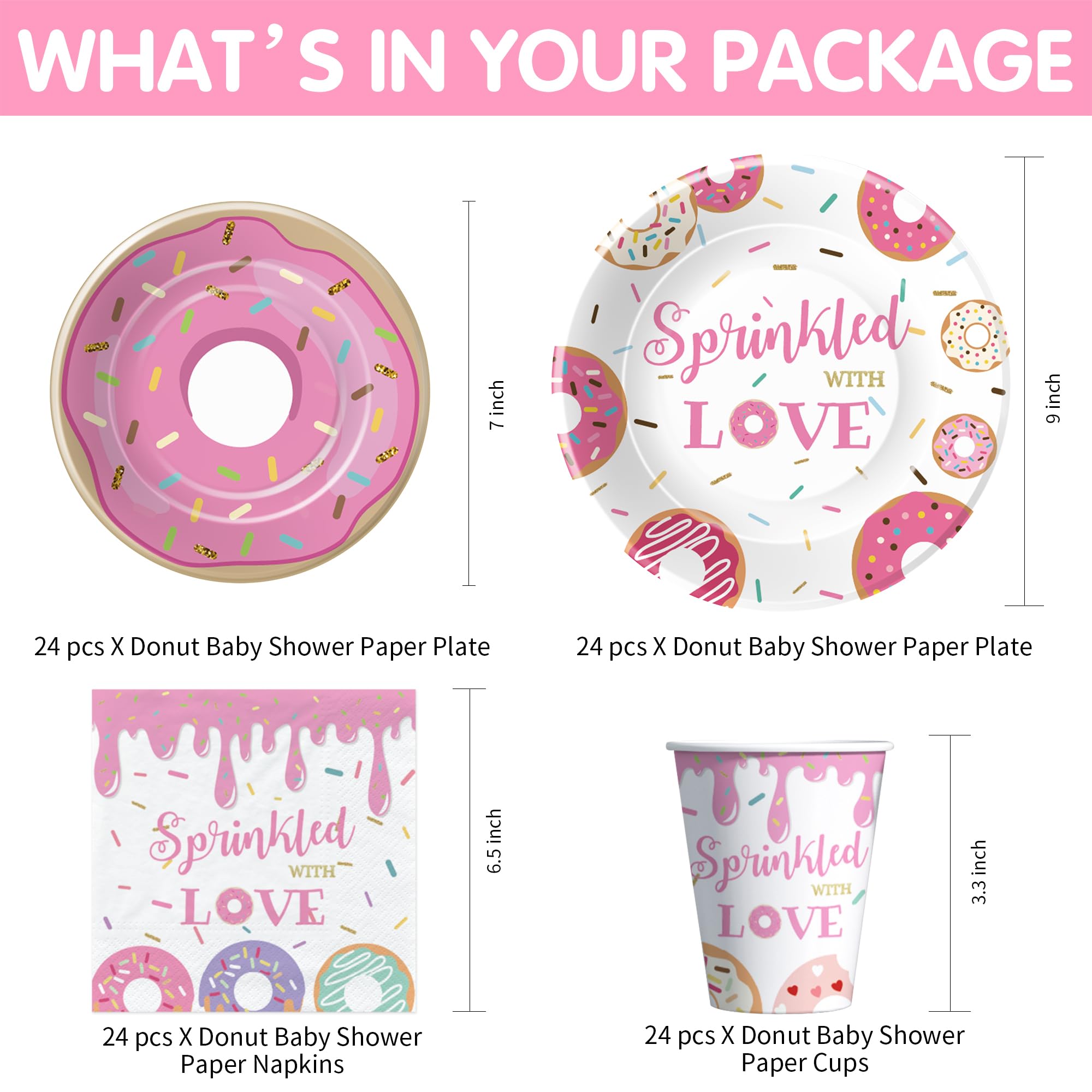 Suhelkit Donut Baby Sprinkle Decorations Tableware Girl - Sprinkled with Love Baby Shower Party Supplies, Paper Plate, Napkin, Cup, Tablecloth, Cutlery, Pink Donut Baby Shower Decorations | 24 Guests