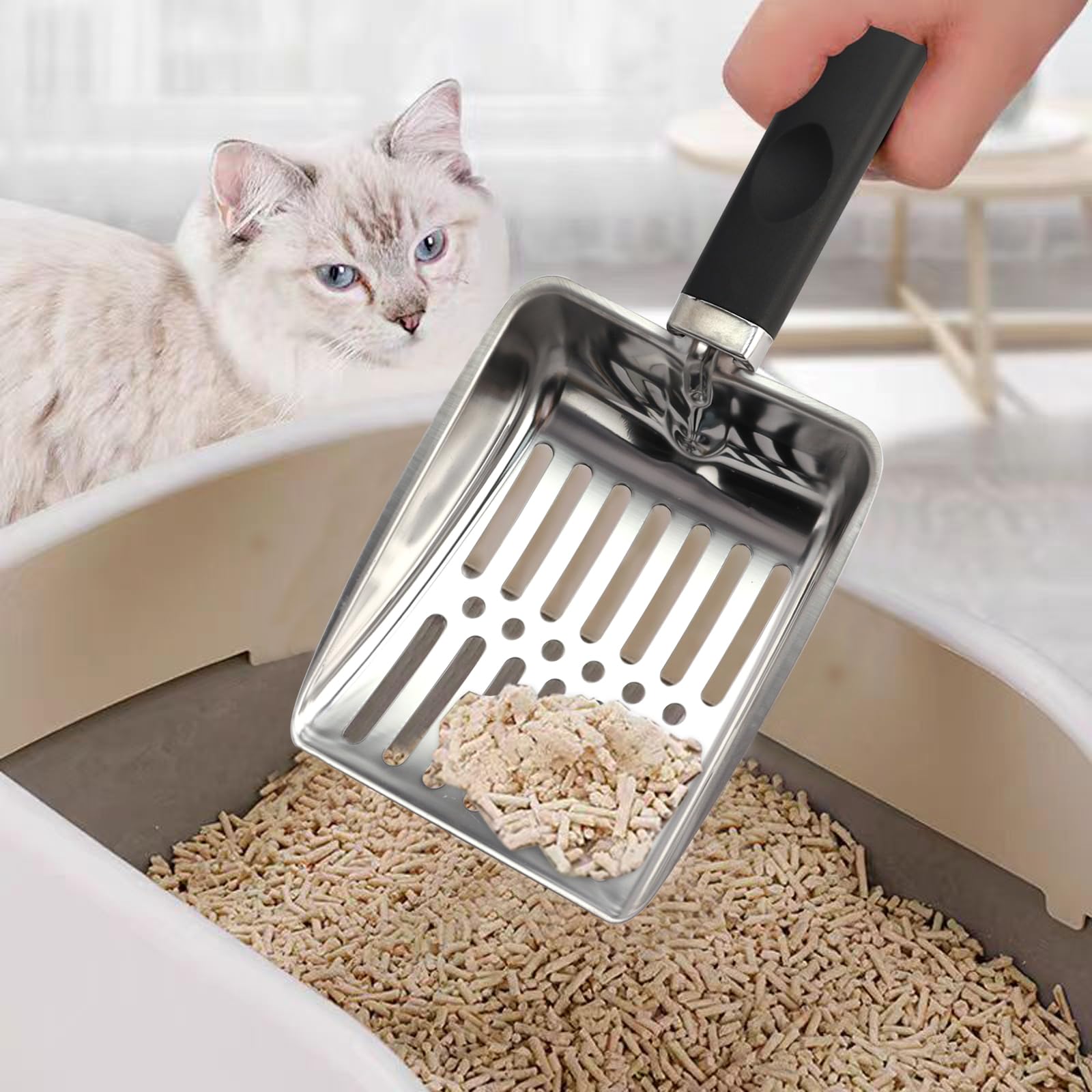 CHI SHANG Cat Litter Scoop,Metal Cat Litter Scoop,Stainless Steel cat Litter Scoop with Non-Slip Handle,Poop Sifting,Kitten Pooper Lifter,for Litter Box