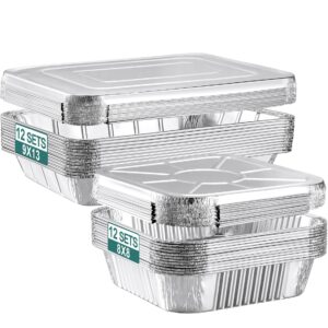 NEEBAKE 24 Pack Disposable Aluminum Pans with Lids Combo Set- 12 Large 9x13 Foil Pans Half Size & 12 Small 8x8 Tin Foil Baking Pans, Tin Trays Containers for Meal Prep, Food Cooking, Roasting, Heating