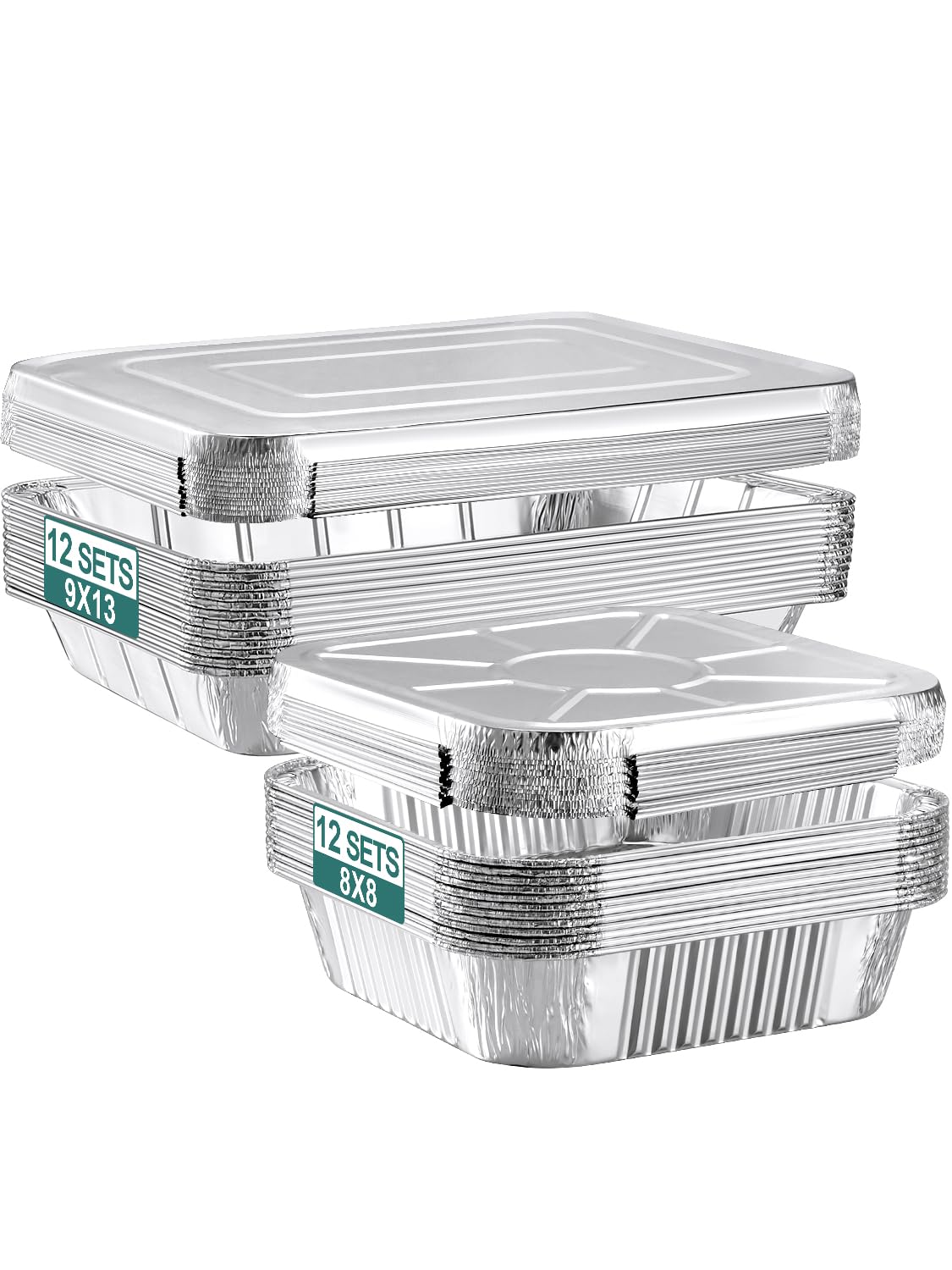 NEEBAKE 24 Pack Disposable Aluminum Pans with Lids Combo Set- 12 Large 9x13 Foil Pans Half Size & 12 Small 8x8 Tin Foil Baking Pans, Tin Trays Containers for Meal Prep, Food Cooking, Roasting, Heating