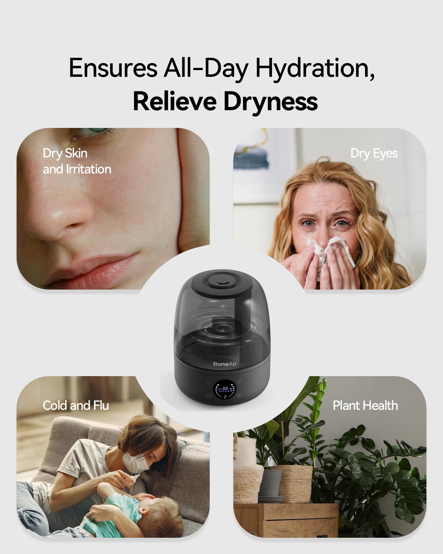 RoneAir Humidifiers for Bedroom Large Room Home, 3L Cool Mist Humidifiers for Baby Nursery & Plants, Ultrasonic, Smart Auto Humidification, Oil Diffuser, Timer, Auto Shut-Off, 360° Nozzle, 26dB Quiet