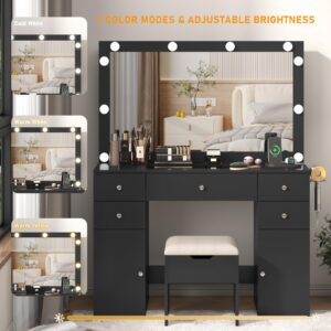 Vanity Desk with Lighted Mirror & Power Outlet, Makeup Vanity Table with 5 Drawers & 2 Cabinets, Large Vanity Set with Stool, Glass Top, Sliding Jewelry Storage Shelves, for Women Girls, Black