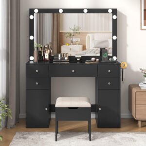 Vanity Desk with Lighted Mirror & Power Outlet, Makeup Vanity Table with 5 Drawers & 2 Cabinets, Large Vanity Set with Stool, Glass Top, Sliding Jewelry Storage Shelves, for Women Girls, Black