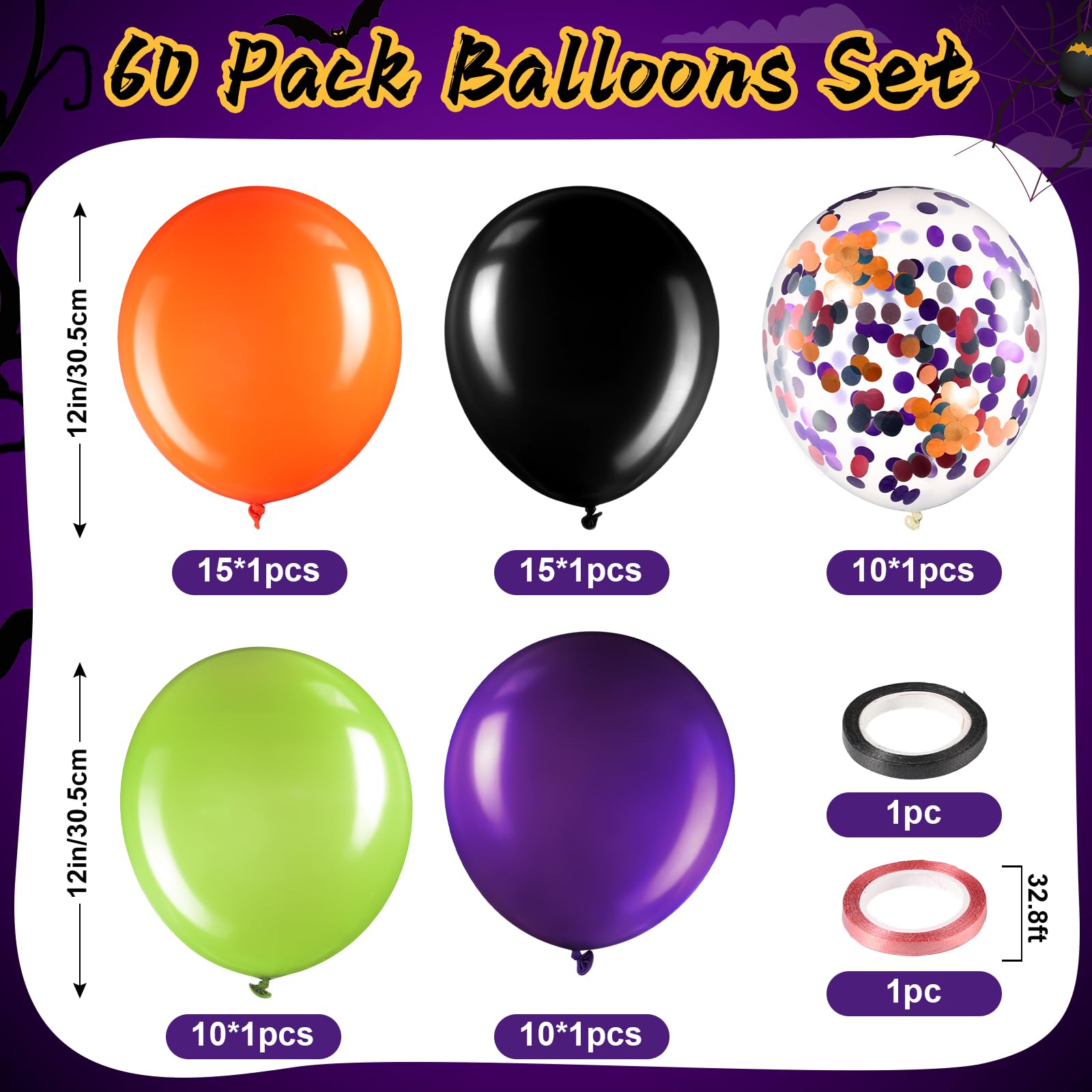 Sratte 60pcs Balloons Kit 12 Inch Confetti Balloons with 2 Rolls Ribbon Latex Balloon Party Favor Metallic Balloons for Birthdays Baby Shower Wedding Graduation Decorations (Orange,black,purple,green)