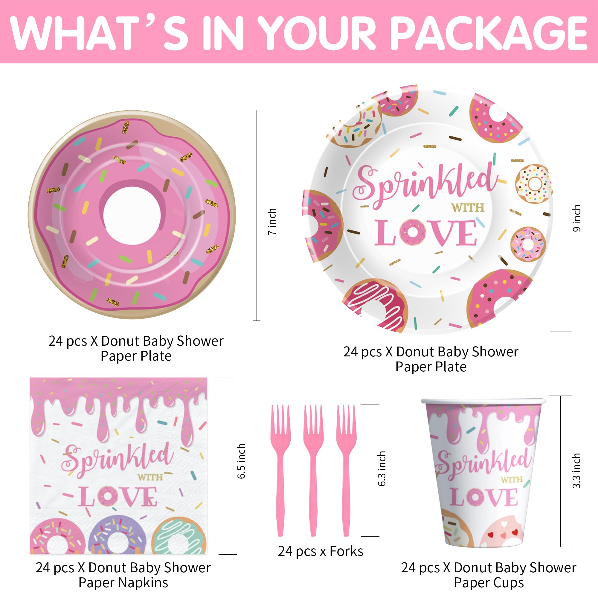 Suhelkit Donut Baby Sprinkle Decorations Tableware Girl - Sprinkled with Love Baby Shower Decorations Party Supplies, Paper Plate, Napkin, Cup, Fork, Pink Donut Baby Shower Decorations | 24 Guests