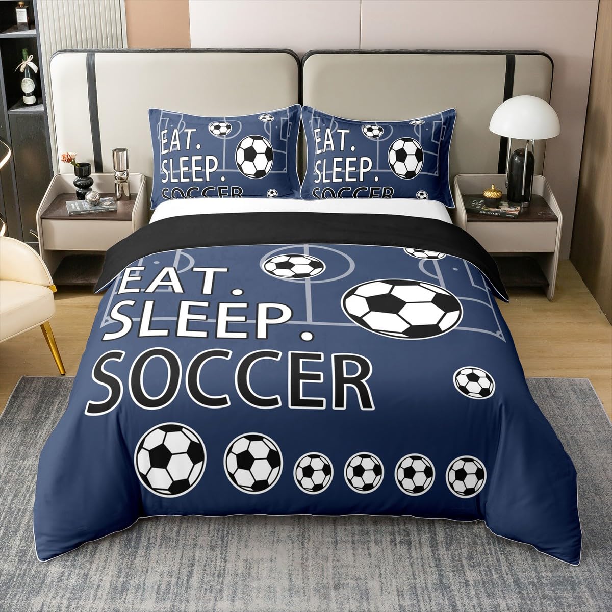 Feelyou Full(No Comforter) Soccer 100% Cotton Duvet Cover Boys Girls Football Bedding Set for Kids Teens Toddler Navy Blue Comforter Cover Set Soccer Ball Game 3Pcs Zipper