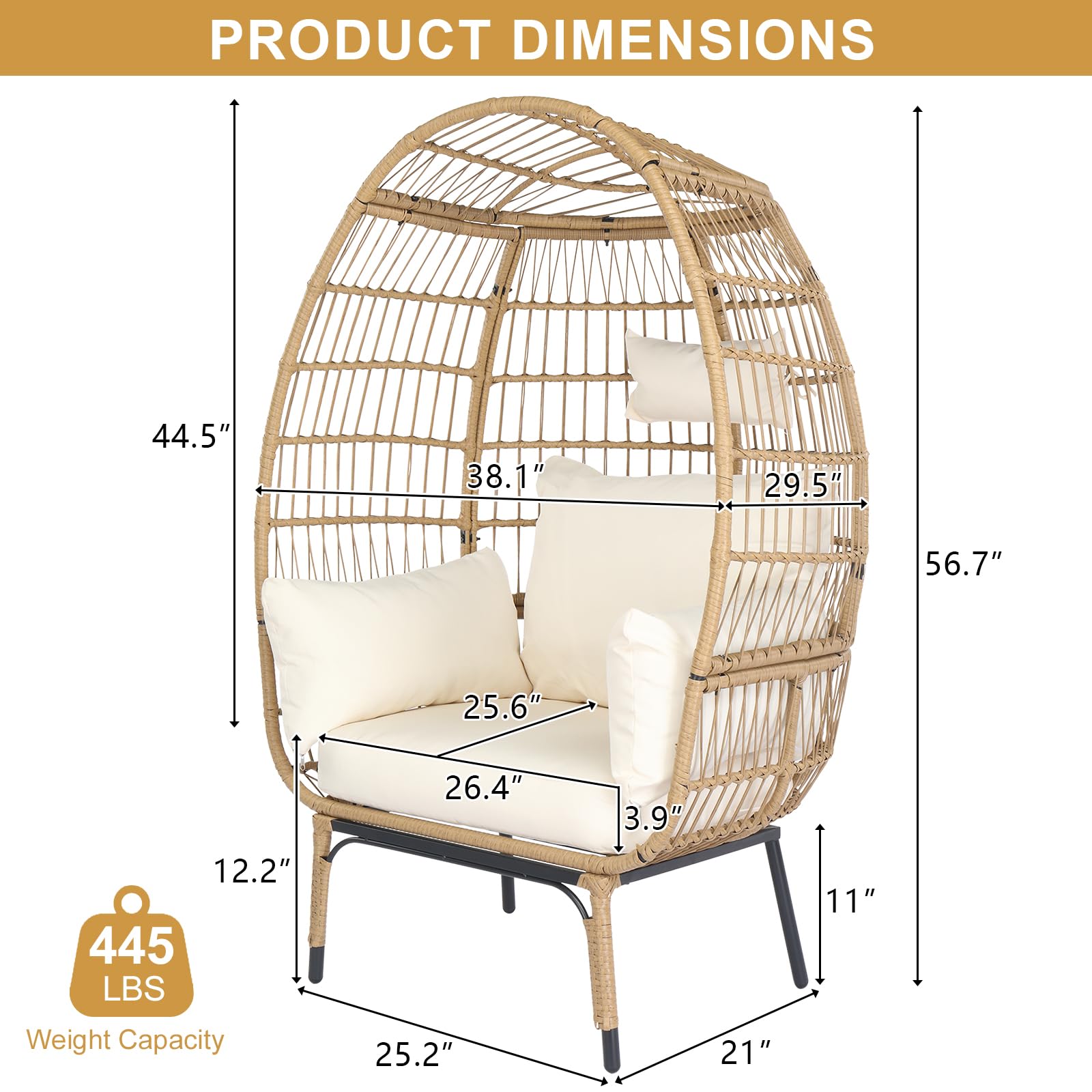 VINGLI Outdoor Egg Chair Oversized 1 Piece Egg Lounger Chair with Cushions, Wicker Egg Chair for Indoor Porch, Backyard, Living Room, Balcony, 440lb Capacity