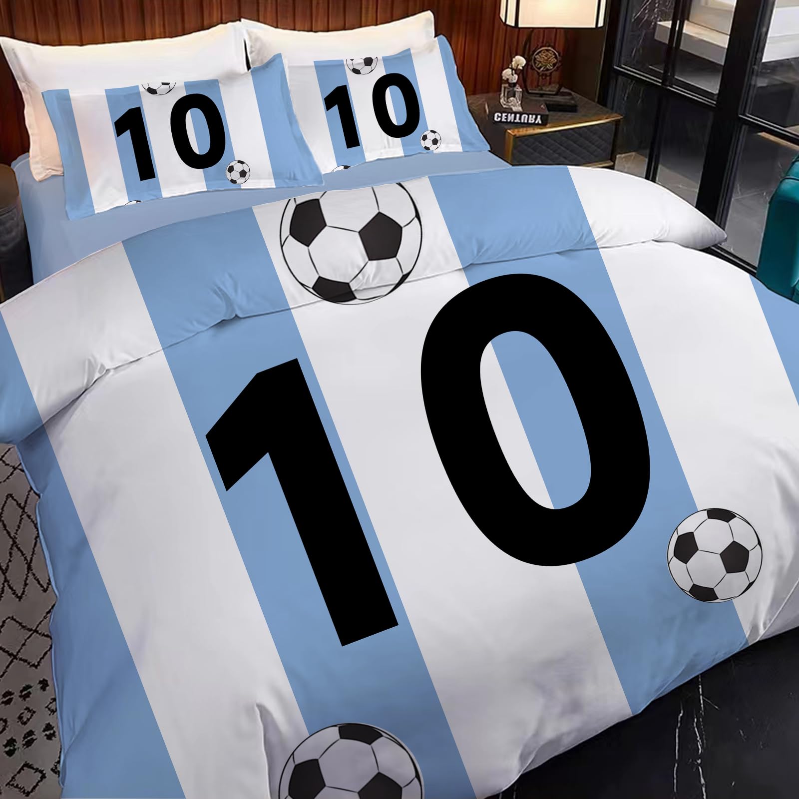 Generic Down blue and white football striped quilt cover set in Twin size suitable for adult children's bedroom home bedding 1*quilt cover 2*pillowcase. Dream chasing football lover gift, ZIJLYB24846