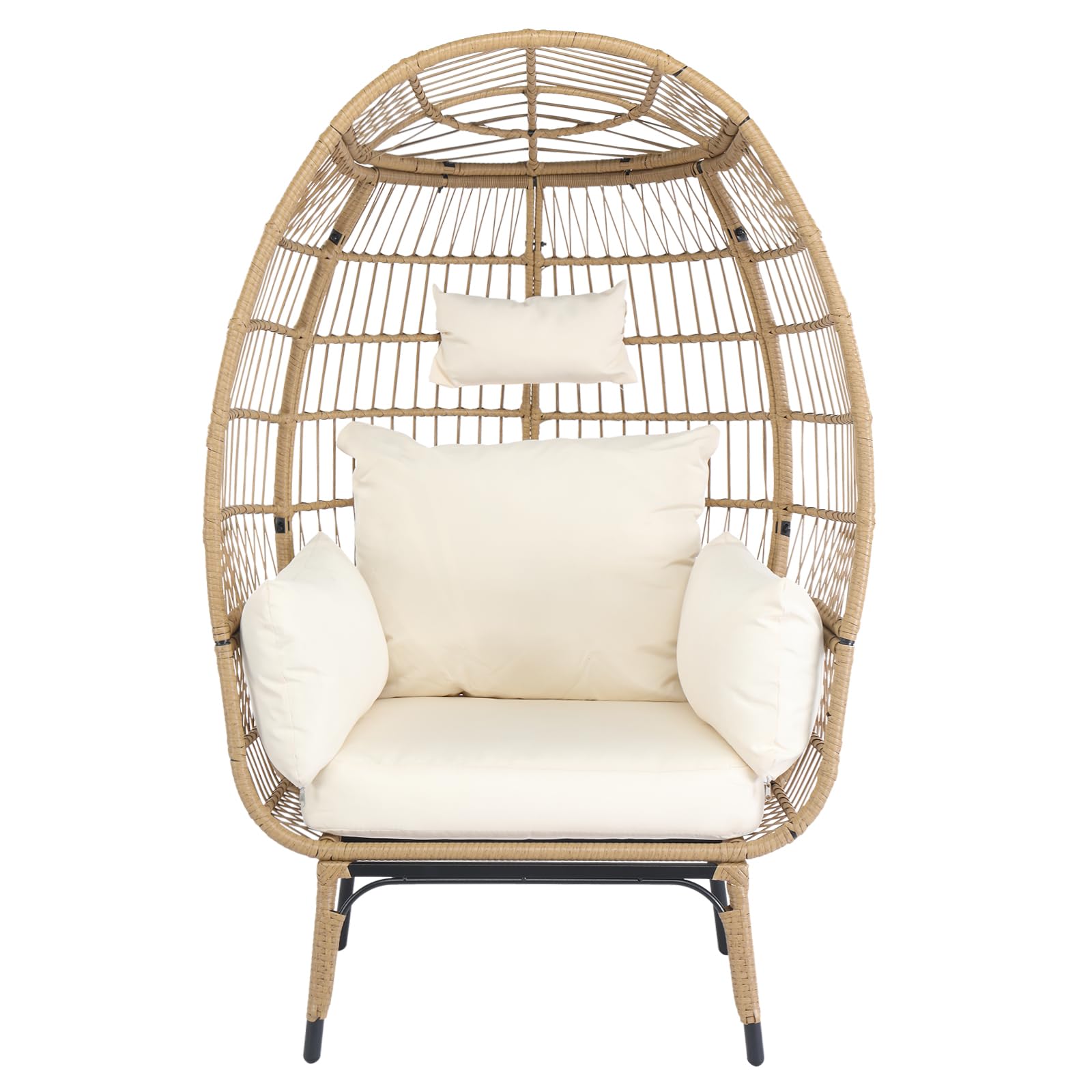 VINGLI Outdoor Egg Chair Oversized 1 Piece Egg Lounger Chair with Cushions, Wicker Egg Chair for Indoor Porch, Backyard, Living Room, Balcony, 440lb Capacity