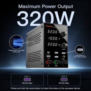 DC Power Supply Variable, Adjustable Switching Regulated Power Supply (32V 10A) with Encoder Coarse & Fine Adjustments Knob, Bench Power Supply with USB & Type-C Quick-Charge Interface