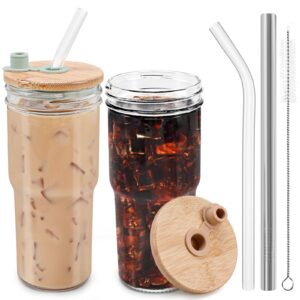 caperci glass cups with lids and straws - 2 pack 24 oz sealing air valve iced coffee cup, cute smoothie boba cups with bamboo lids, glass tumbler for cocktail, whiskey, gift 1 cleaning brush