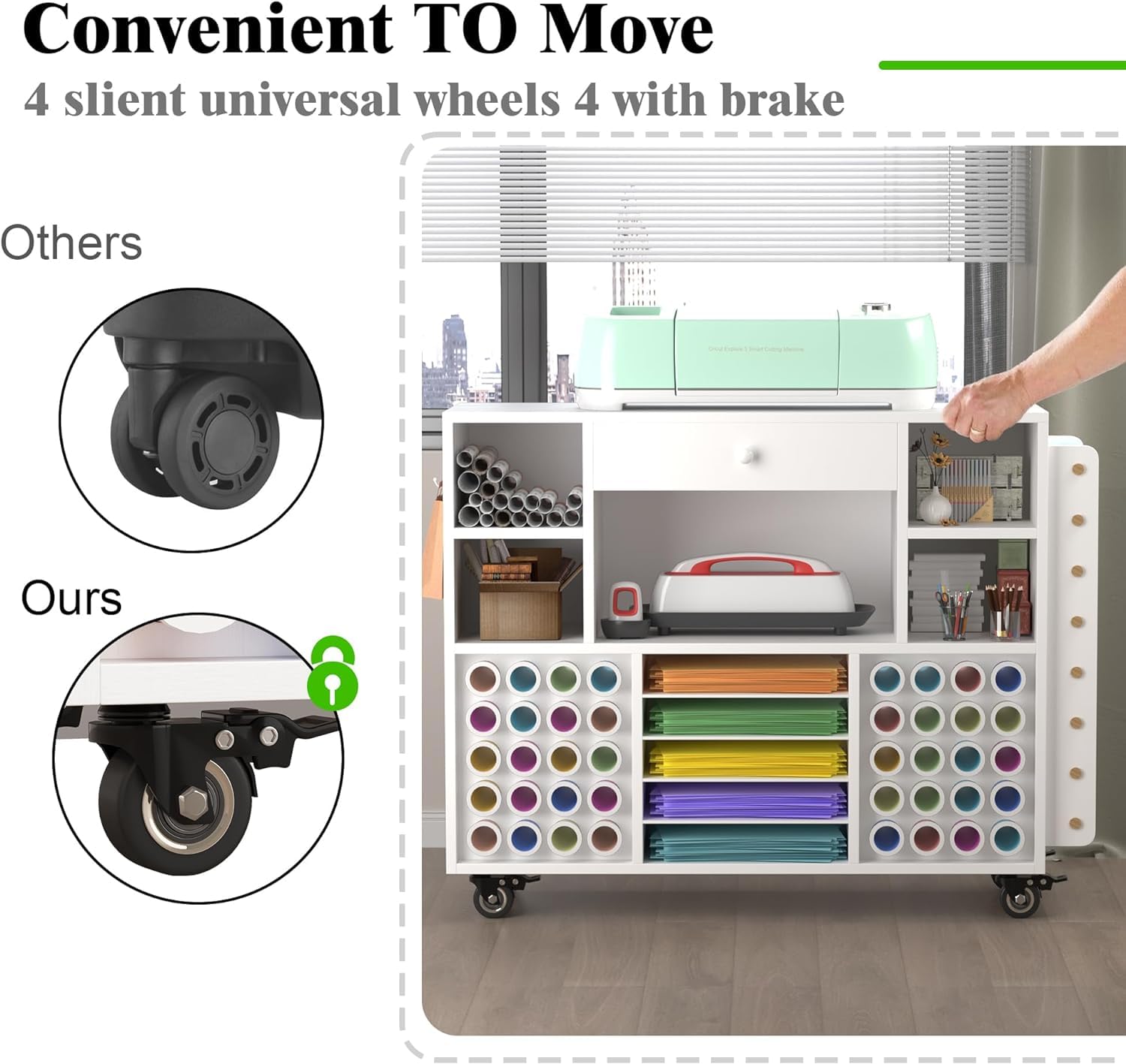 Craft organization and storage Cart Compatible with Cricut Machine, Rolling Craft Organizer With large drawer & 48 Vinyl Roll Holder, Crafting Cabinet Table Workstation for Craft Room Home